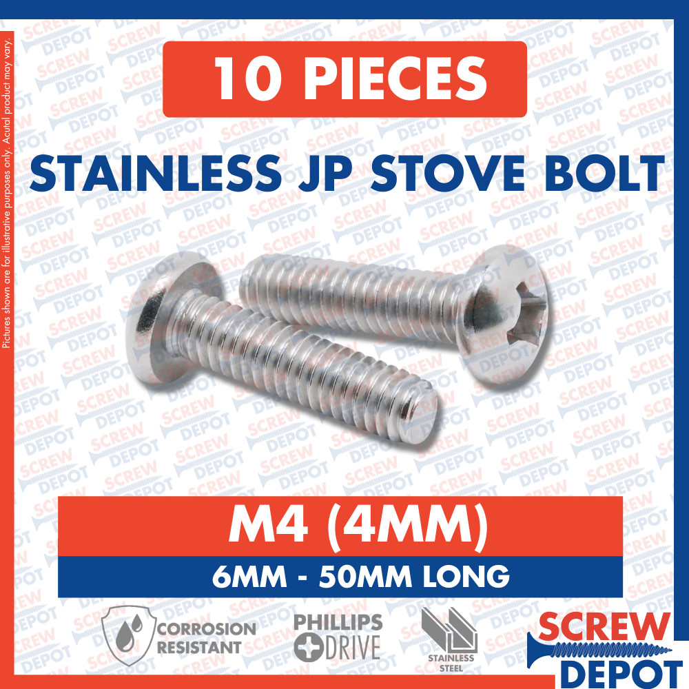 10PCS M4 (4MM) STAINLESS JP Stove Bolt / SS Roundhead Bolt / SS Round ...