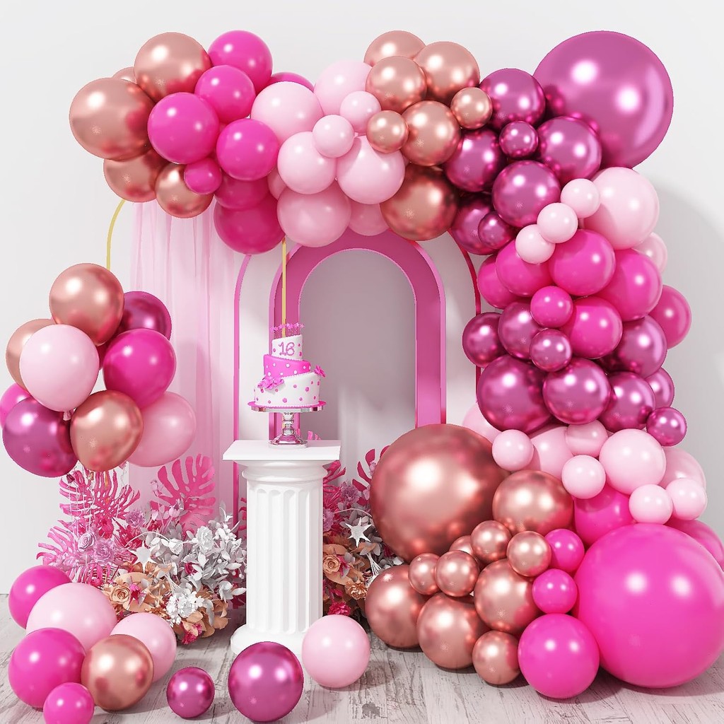 Pink Rose Gold Balloon Garland Arch Kit, 109 Pcs Hot Pink Pastel ...