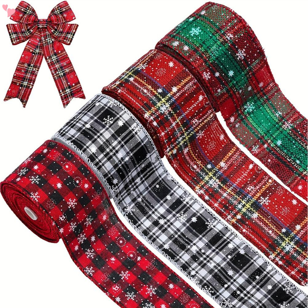 5 Yard x 2.5Inch Christmas Snowflake Buffalo Plaid Ribbon Wired Edge ...