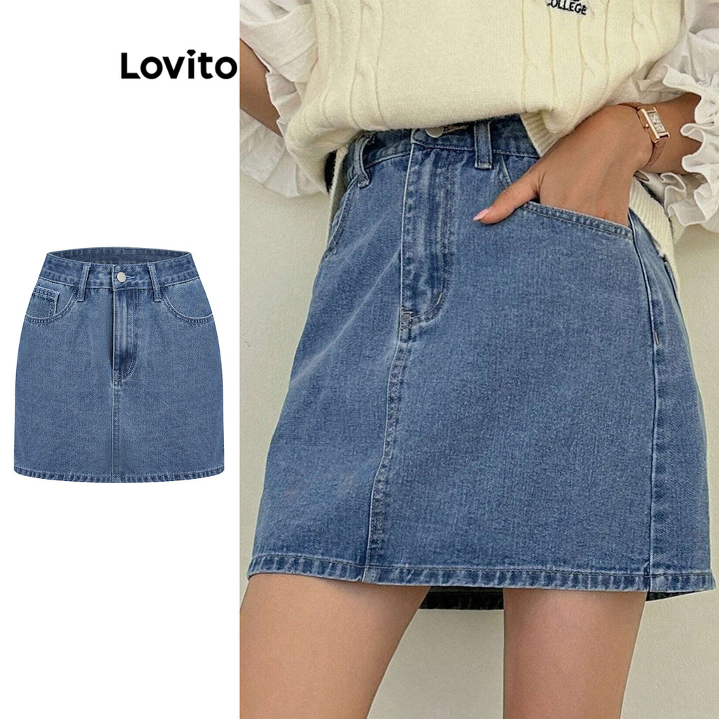 Lovito Women Casual Plain Pocket Basic Denim Skirt L110AD317 | Shopee ...