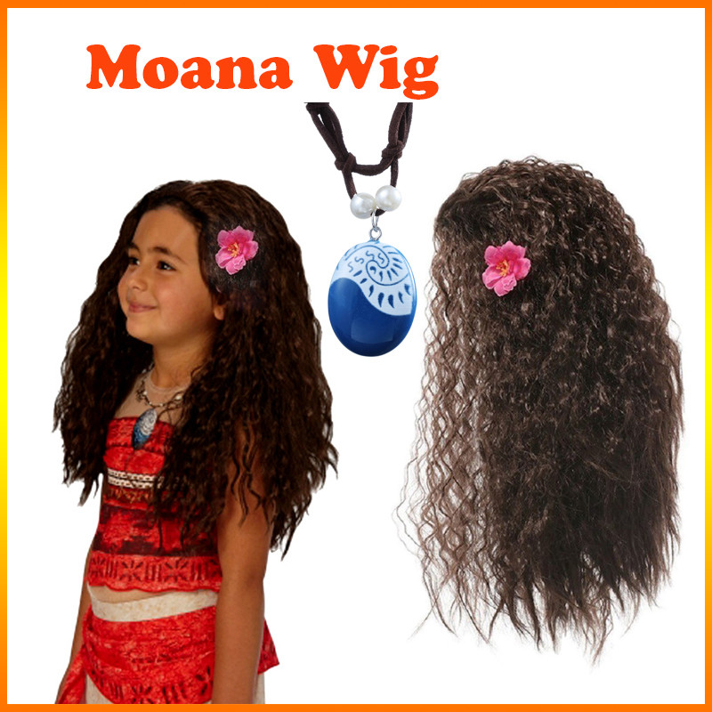 Disney Moana Wig Costume for Kids Long Curls Moana Hair Wig with Flower ...