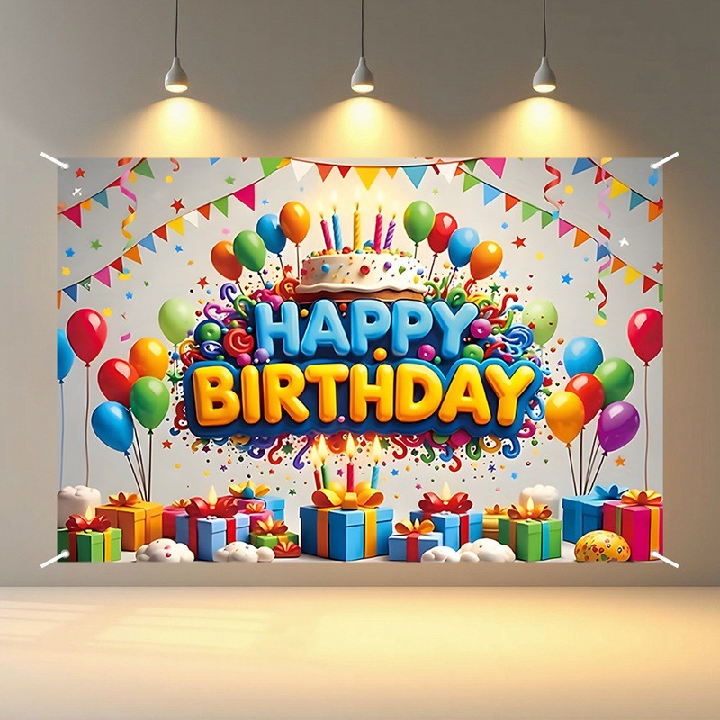 150*100Cm Happy Birthday Banner Colorful Balloon Gift Box Birthday Background Cloth For Birthday ...
