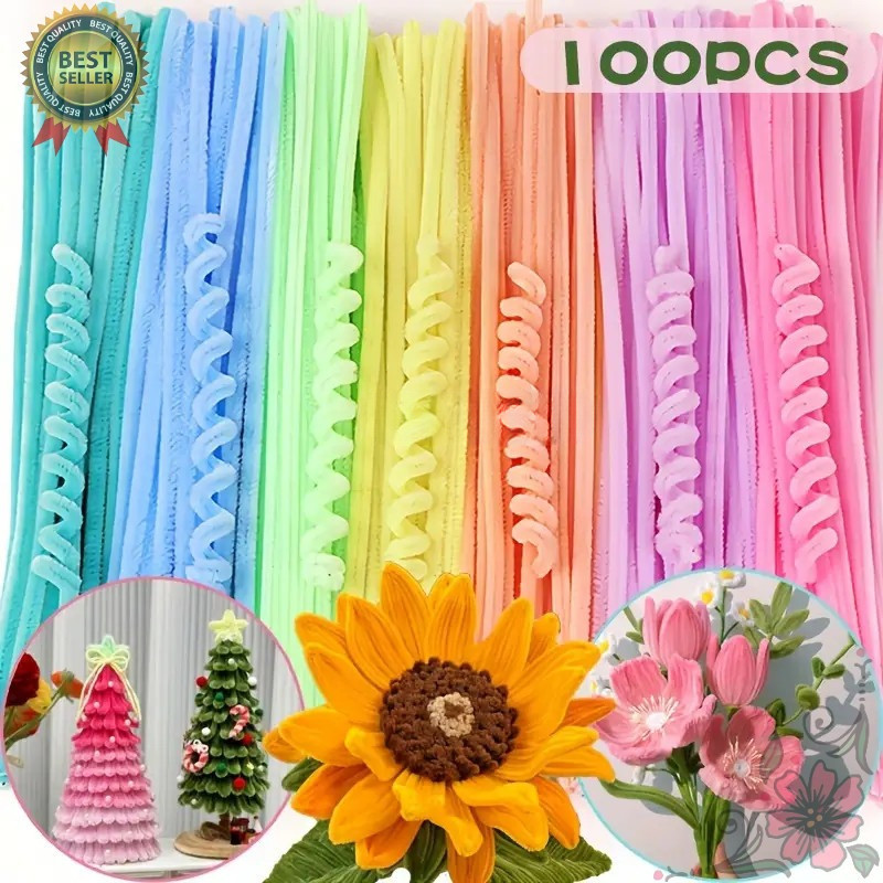 100Pcs DIY Multicolour Fuzzy Wire Bouquet Material Twisted Stick Craft ...