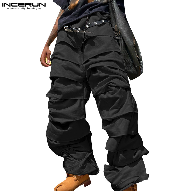 INCERUN Men Vintage Casual Pleated Design Solid Color Loose Trousers ...