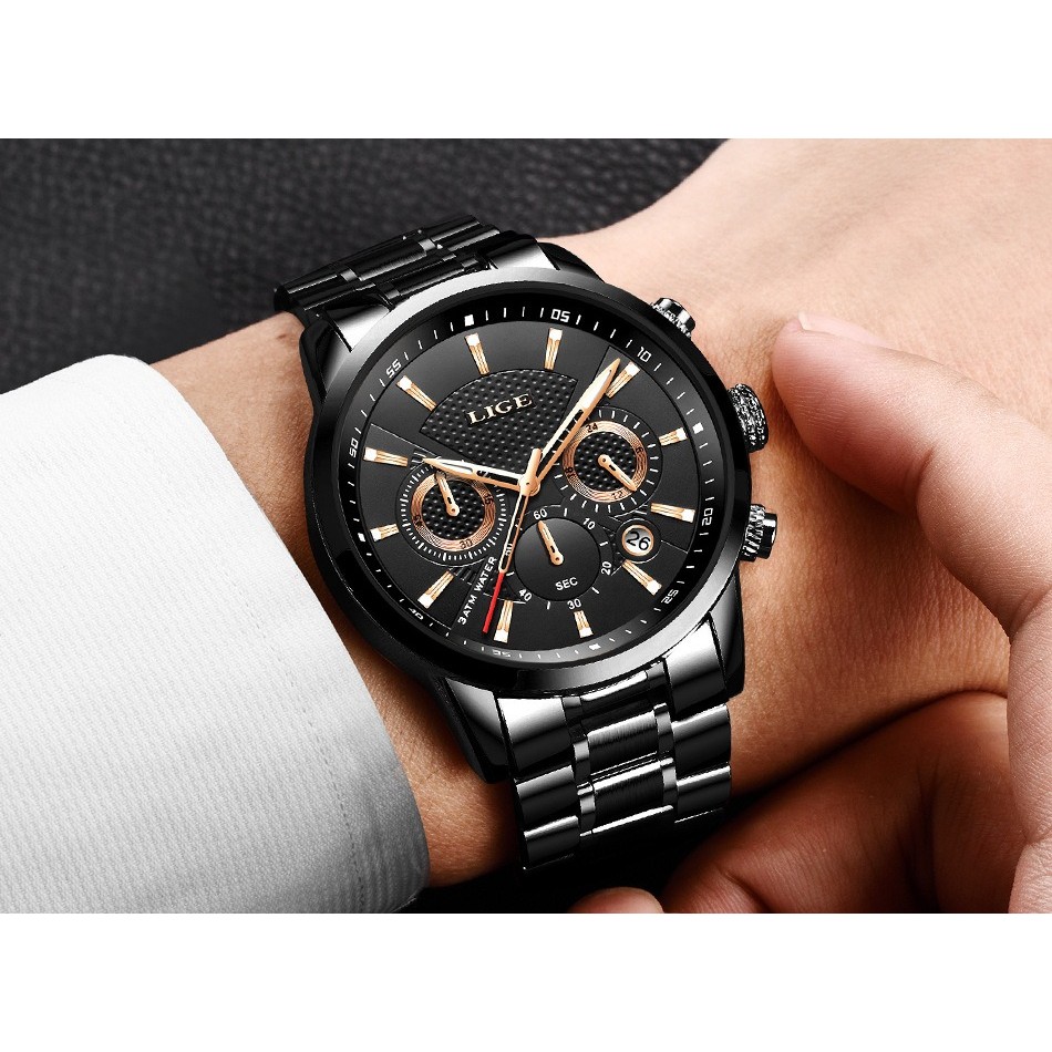 LIGE Men's Waterproof Leather Watch Steel Strap Watch (with Box ...