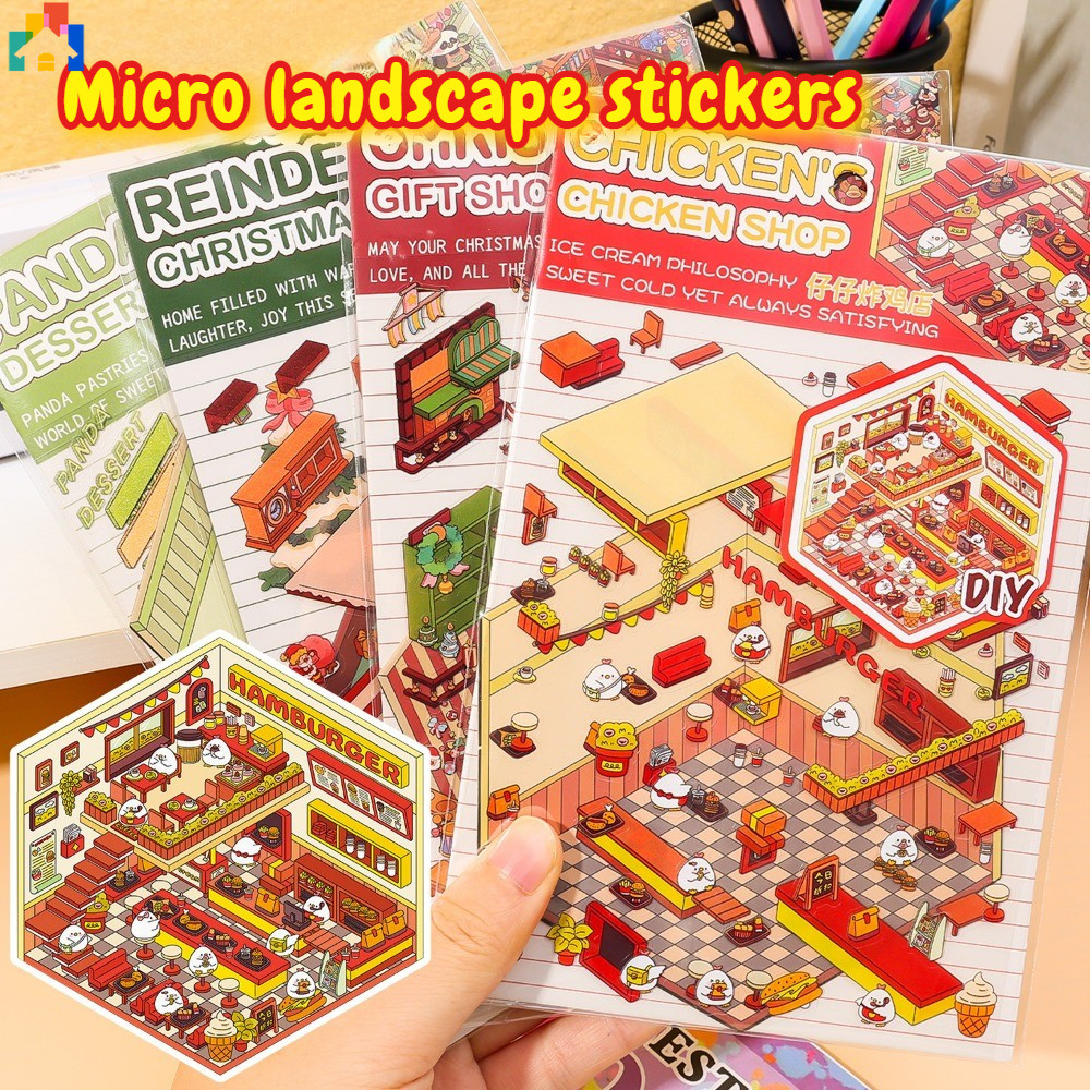 Cartoon Christmas Theme 3D Micro Scene Sticker DIY Pocket Cabin ...