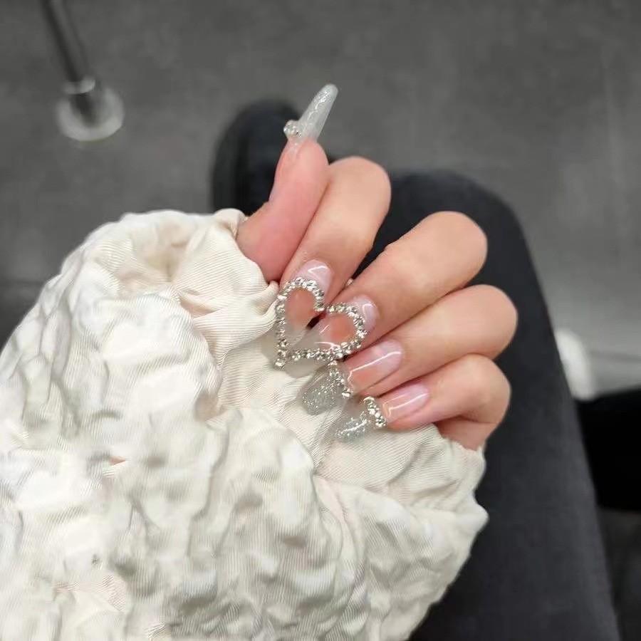 Full HANDMADE Artificial Nail Chain Diamond LoveHeart Press on Nails ...