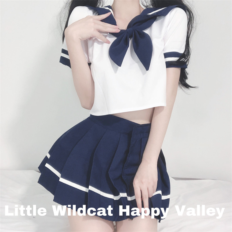 Cute JK Blue Collar White Lines School Uniform Girl Sailor Suits Pleated Skirt Japanese Style ...