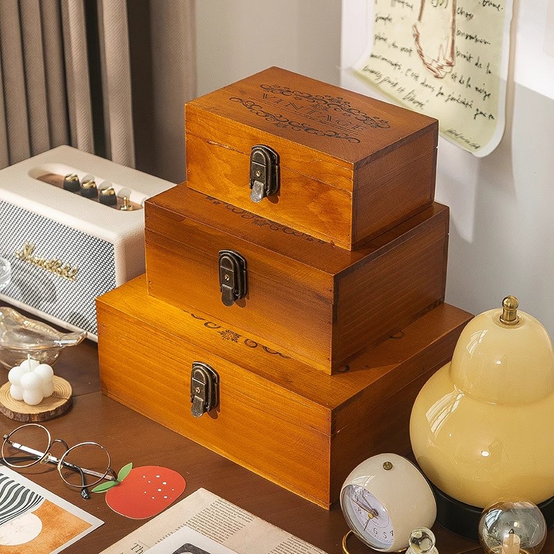 Vintage storage box with lock Wooden square storage box Desktop jewelry ...