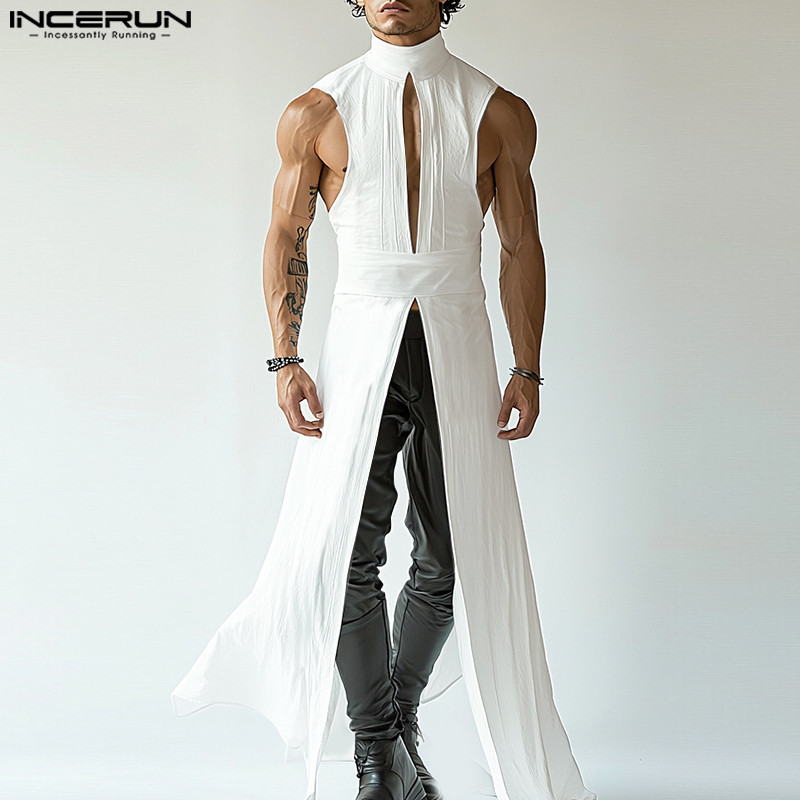 INCERUN men's hollowed out long slit half high neck vest | Shopee ...