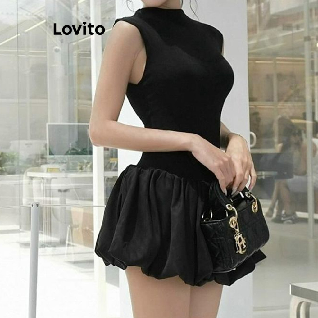 (Trendy) Lovito Women Cute Dress Plain Fabric Stitching Structure Line ...