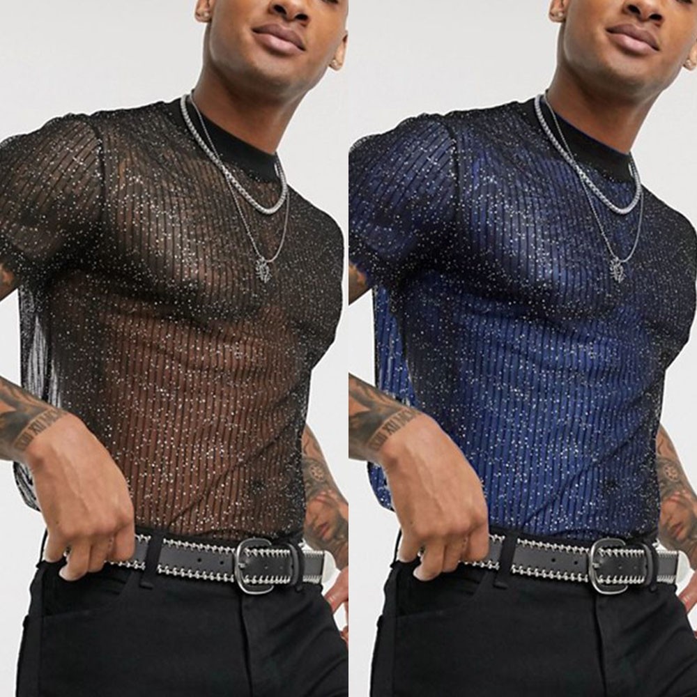JTFY Men See Through Short Sleeve Sequin Shiny Mesh Shirts Casual Sexy ...