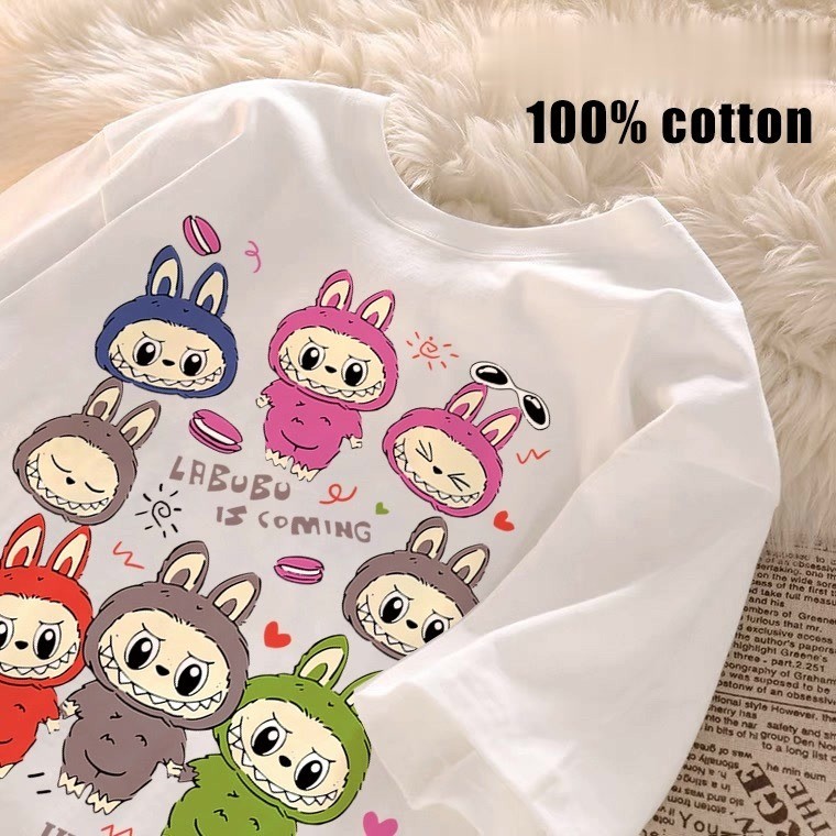 Korean retro 100% cotton LABUBU friends print oversized white T-shirt ...