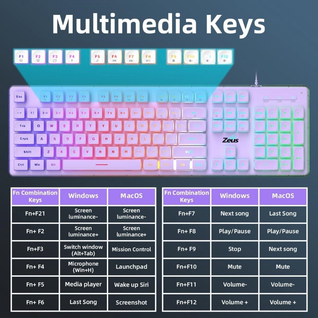 Zeus Slim Quiet Silent Keyboard Purple 104 Keys RGB Keyboard With Media ...