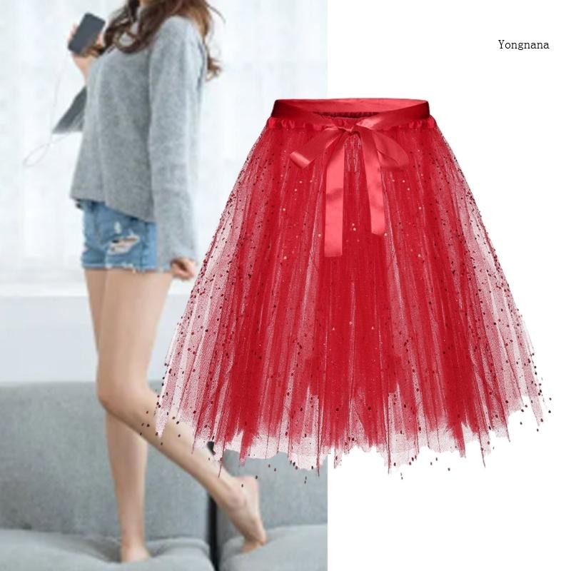 【CH*】 Women Tulle Skirts Elastic Waist Pleated Mesh Midi Skirt Dance ...
