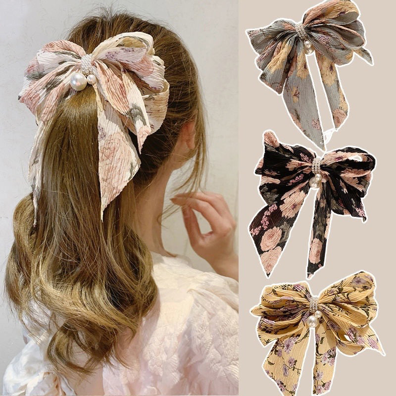 EMS fashion Korea Elegant Long Bow Hairpin Large Ribbon Hair Clip | Shopee Philippines