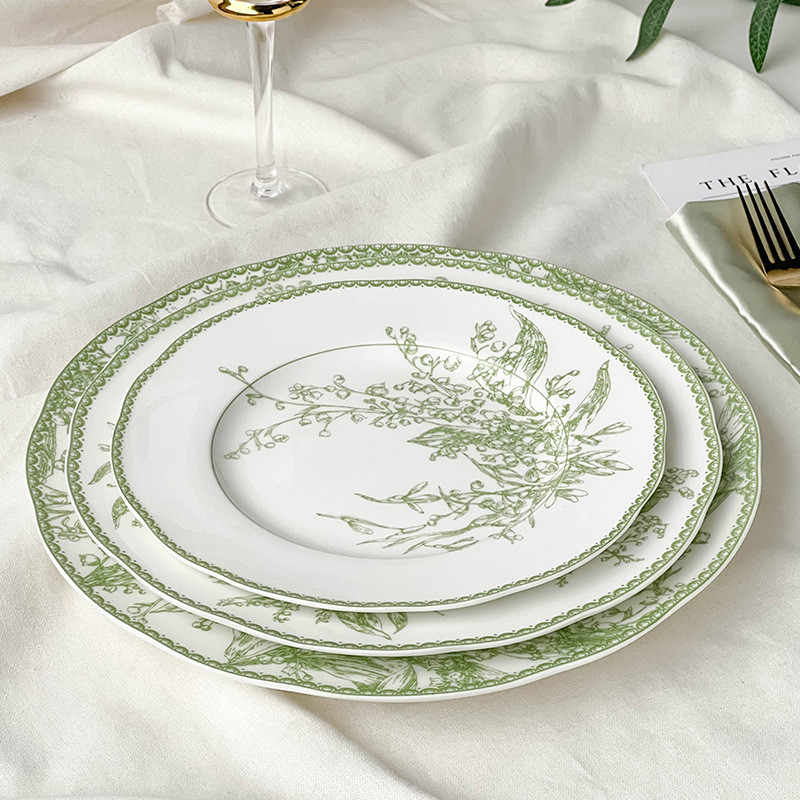 Emerald Green Lily of the Valley Series Bone China Western Dinner Plate ...