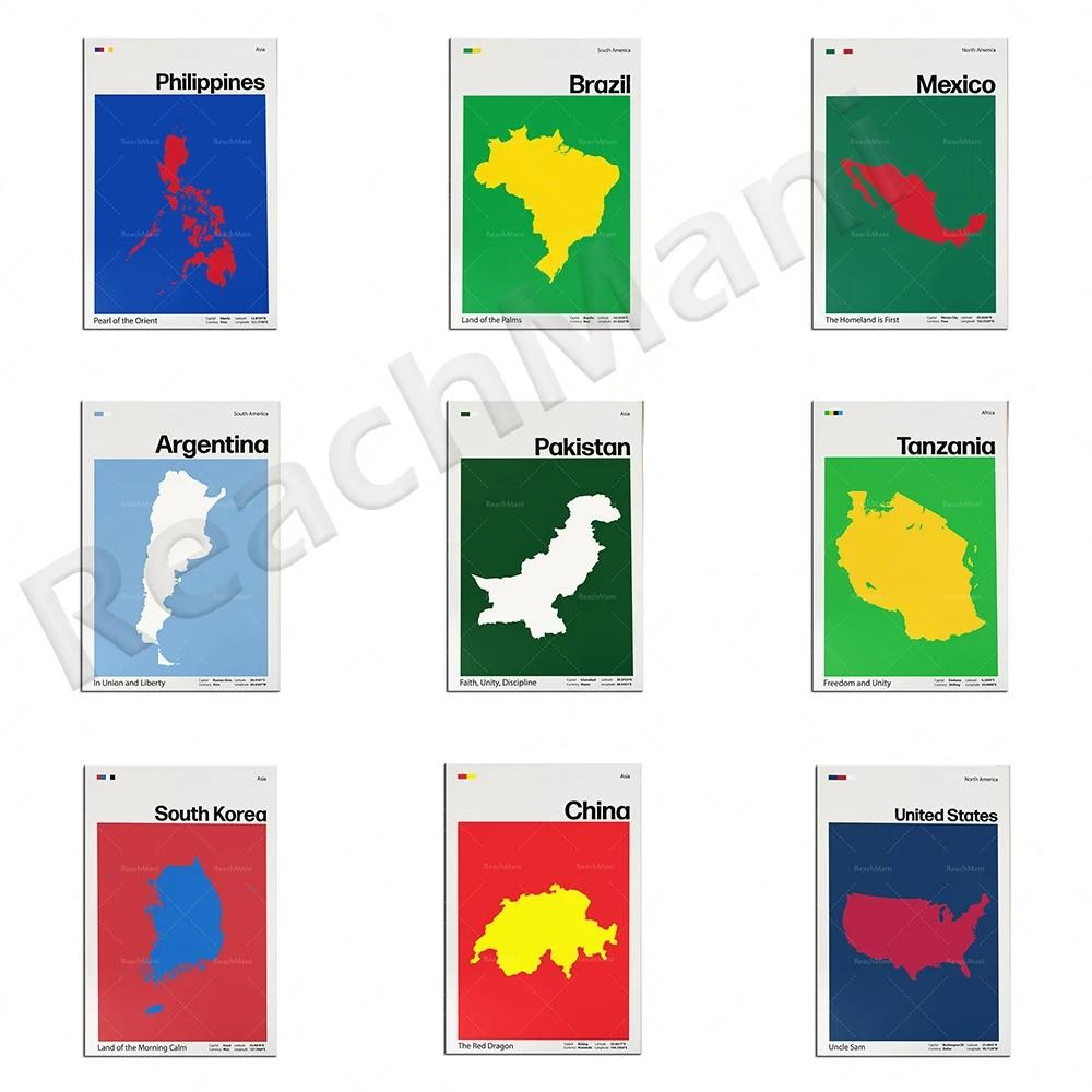 World Map Posters Russia Tanzania Mexico South Africa Egypt Spain ...
