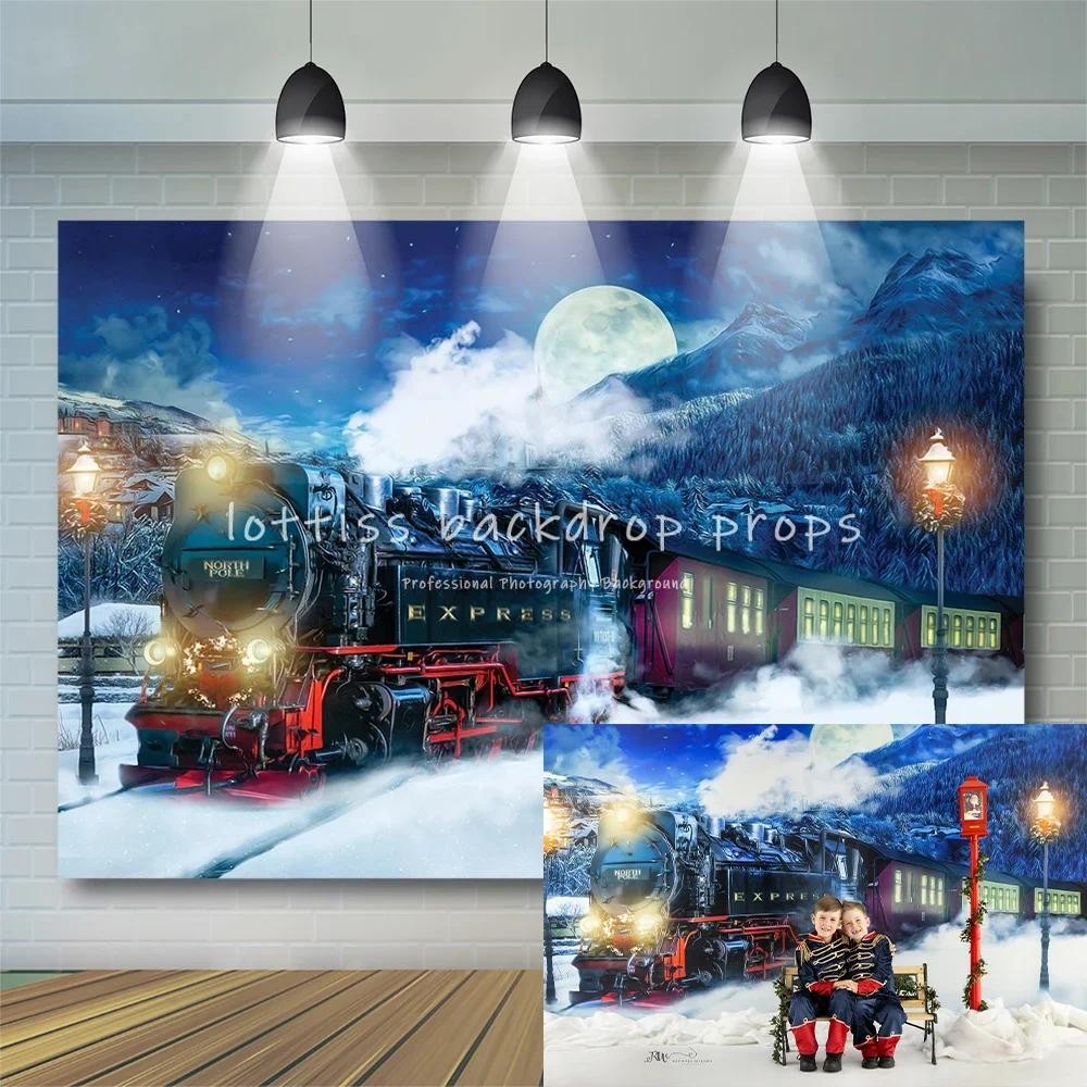 Christmas Polar Express Train Backdrop Snow Forest Big Moon Decor ...