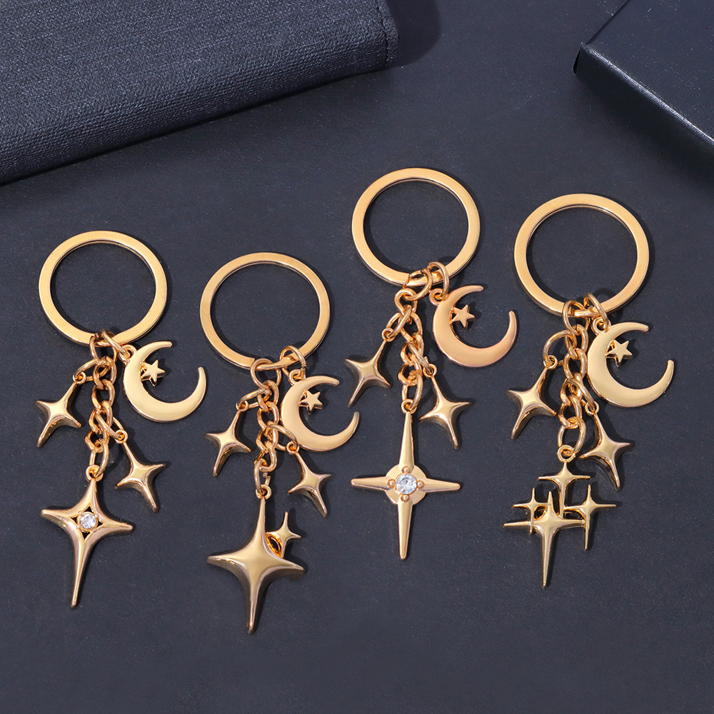 Exquisite Rhinestone Stars Keychain Metal Crescent Moon Keyring Car Key ...
