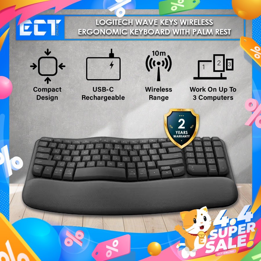 Logitech Wave Keys Wireless Ergonomic Keyboard with Palm Rest Combo ...