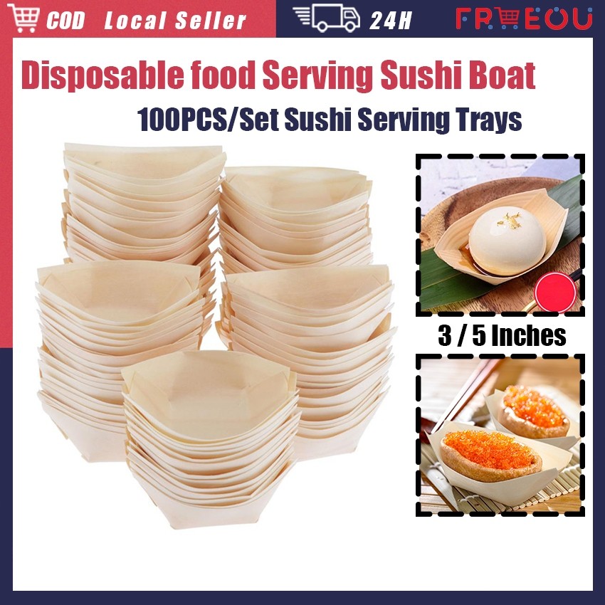 100PCs/Set Disposable Plate Sushi Boat 3/5 Inches Wooden Serving Boats ...