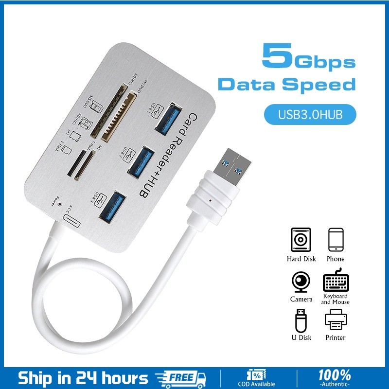 3 Ports USB Hub 2.0 And 3.0 Combo Card Reader 7 In 1 Port Extension ...