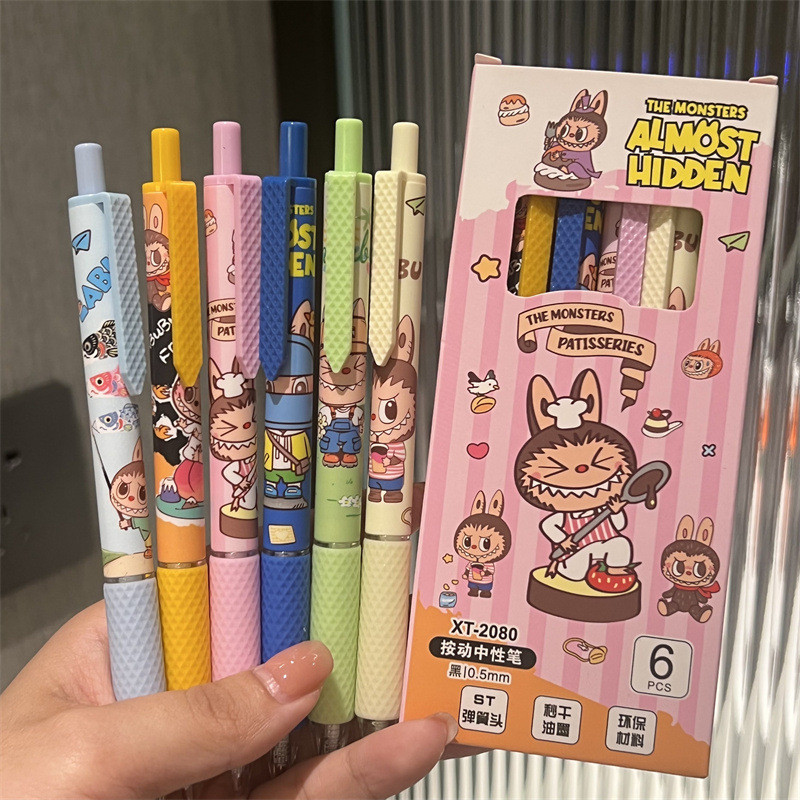 6pcs/box Kawaii Labubu Press Gel Pens For Writing Cute 0.5mm Black Ink ...
