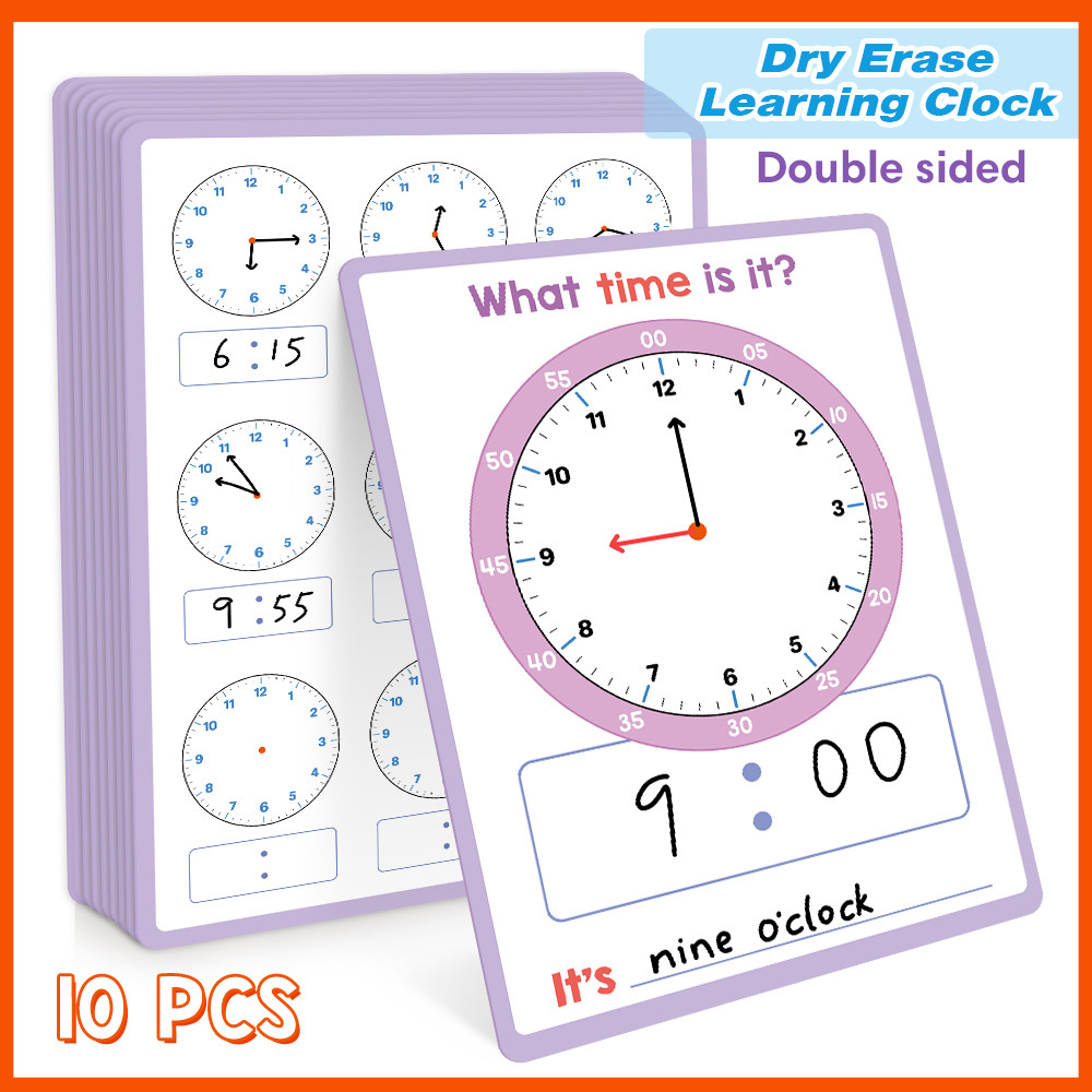 10Pcs Kids Learning Clock Dry Erase Set - Telling Time Practice ...