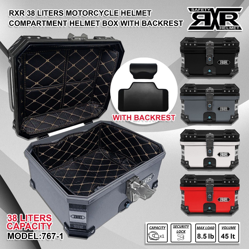 RXR 38L Liters HARD PLASTIK TOP BOX with Backrest Motorcycle ...