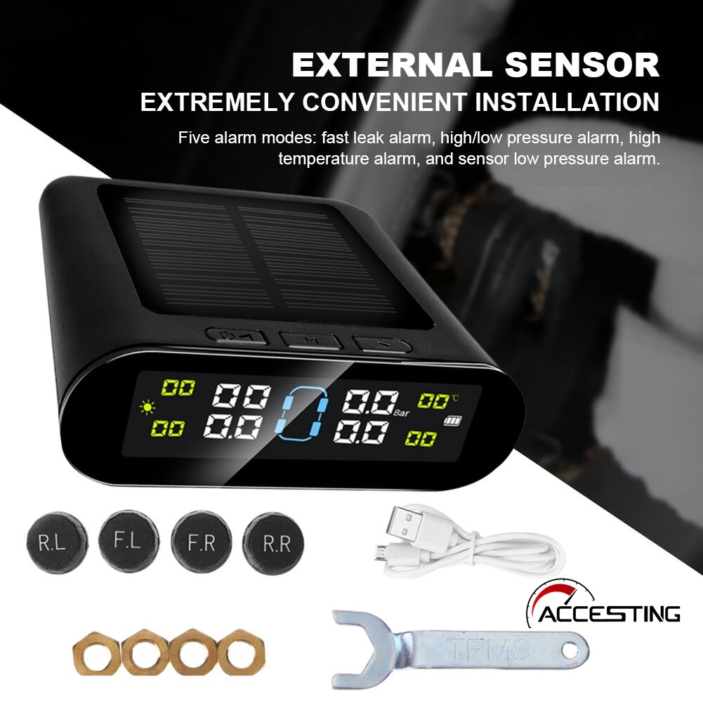 NEW External Tire Pressure Real-time Display Solar Power&USB Charge Auto Security Alarm Device ...
