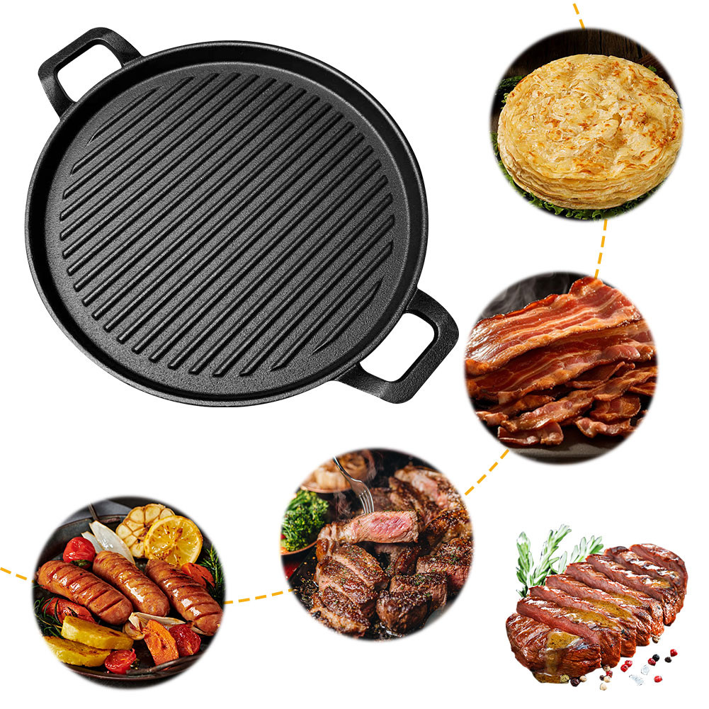 Cast Iron Grill Plate Flat & Ridged Skillet Pan with Handles for ...