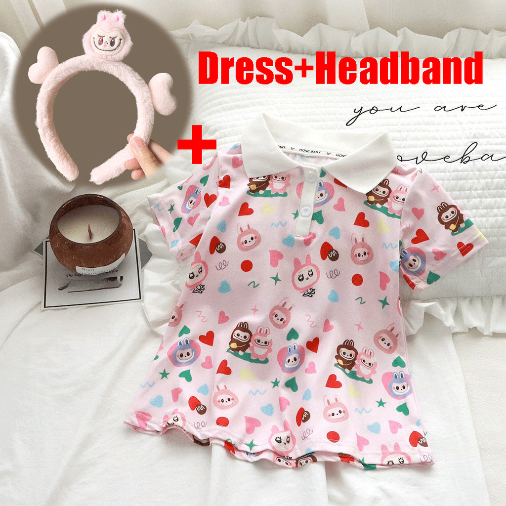 Terno for Kids Girl 2pcs Labubu Dress+headband Set Baby Girl Ootd Cute ...