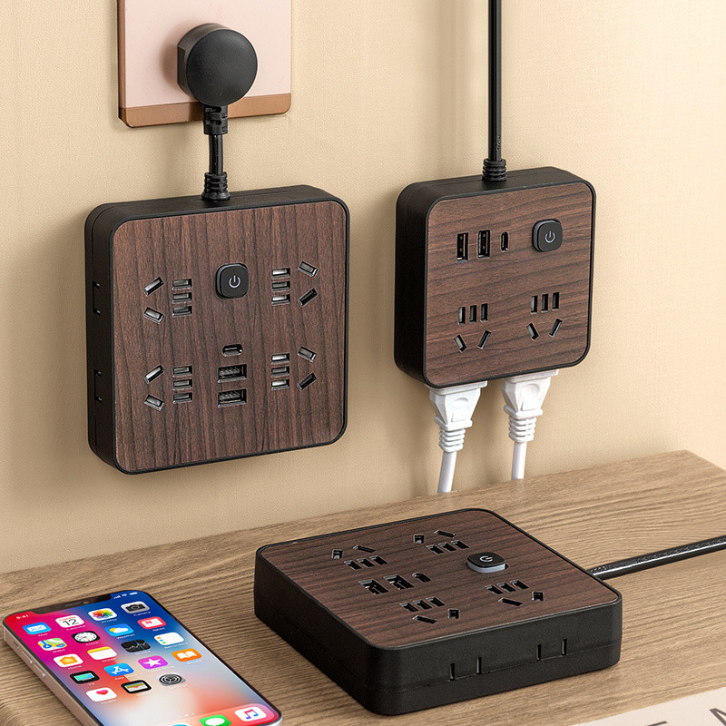 Wood Grain Retractable Socket Long Line Socket Multi Function Usb Power Strip Porous Power Strip