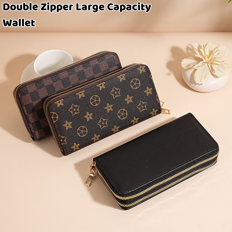 Double Zipper Large Capacity Wallet For Woman Men Korean Style Leather ...