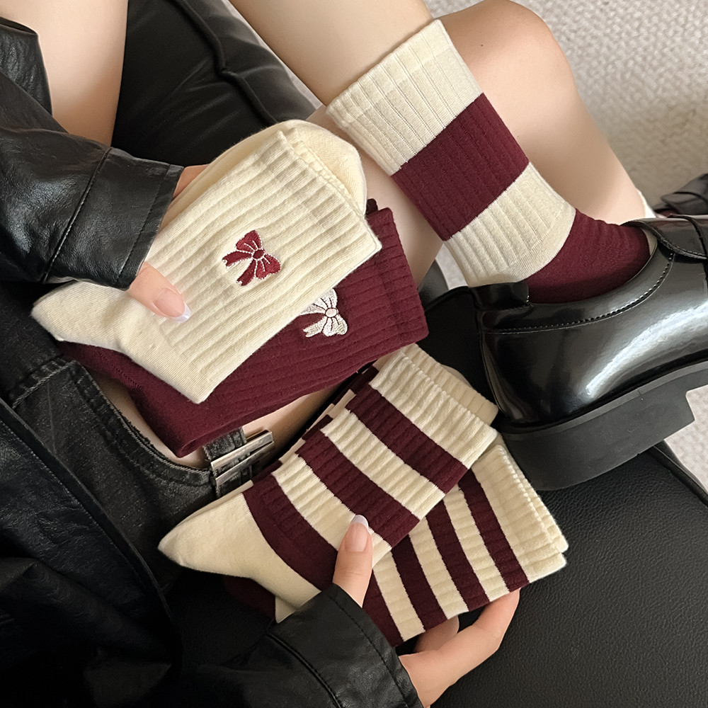 Trendy Fashion Red Girls Embroidery Bow Cute Socks Long Breathable ...