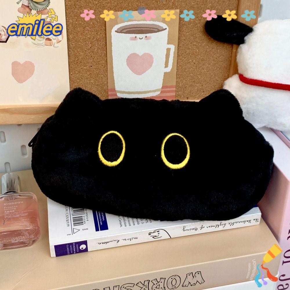 EMILEE Pen Bag, Black Cat Plush Pencil , Multi-function Large Capacity ...