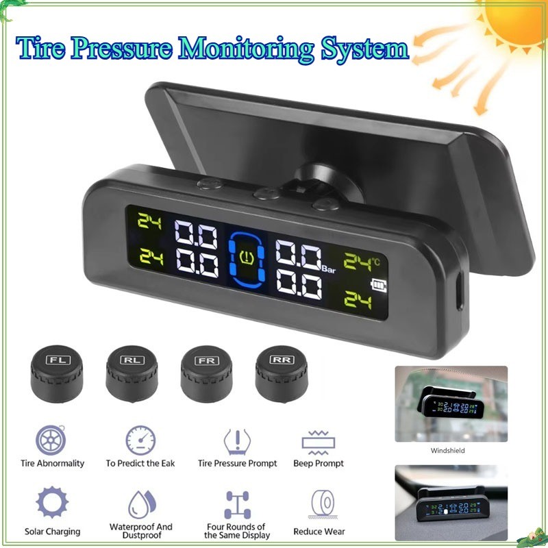 Smart Car TPMS Tire Pressure Monitoring System Solar Digital Clock LCD Display Car Tire Pressure ...