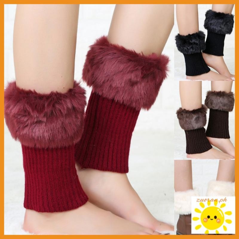 ZUOO Women Crochet Knit Faux Fur Trim Leg Warmers Short Furry Fuzzy Leg ...