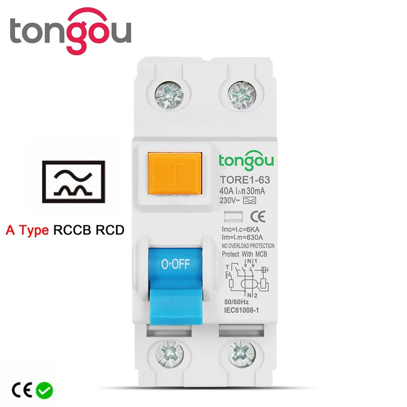 TONGOU Type A RCCB RCD 230V 2P 16A 63A 30mA 6KA Electromechanic Residual Current Circuit Breaker ...