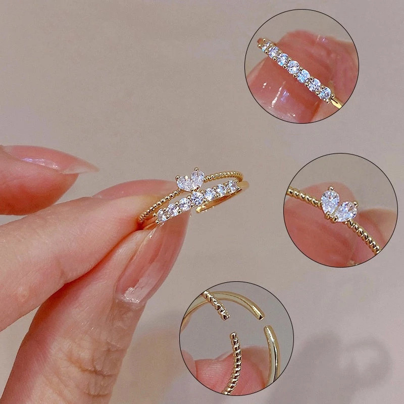 2Pcs/Set Promise Ring Adjustable Woman 14K Gold Wedding Engagement Ring ...