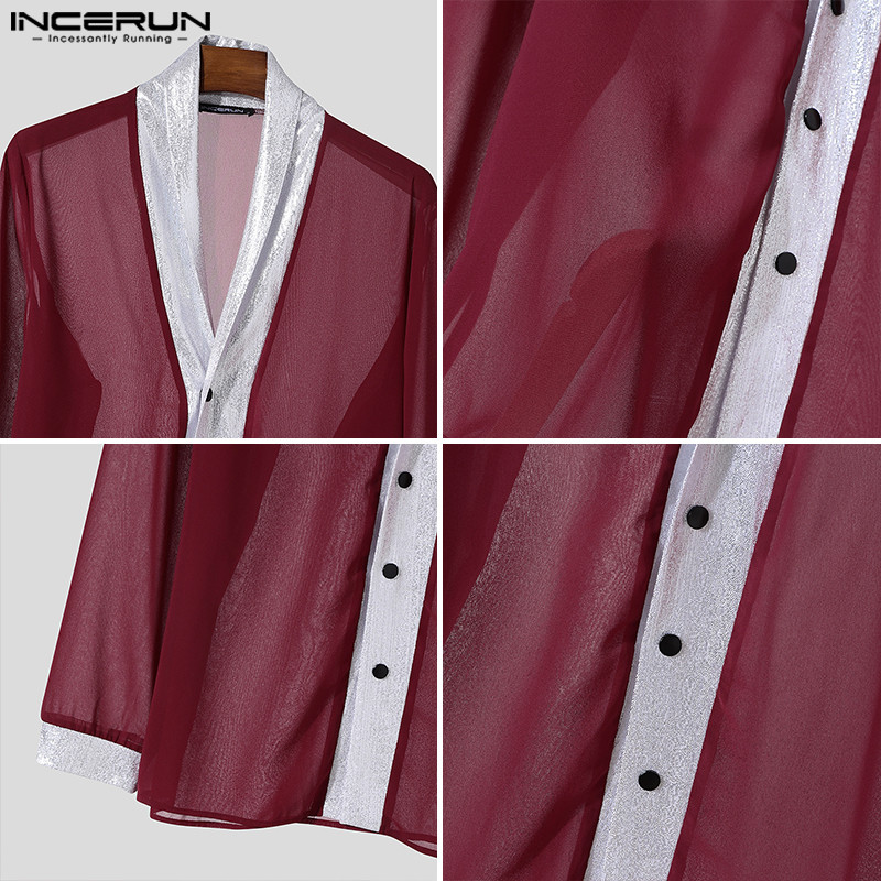 INCERUN Men Vintage Fashion Color Blocking Glitter Elements Long Sleeve ...