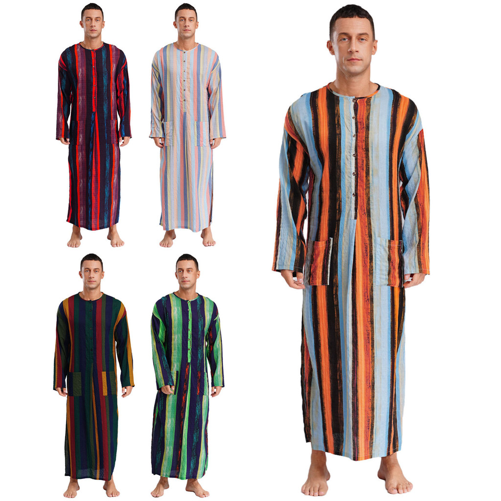 inhzoy Men Muslim Thobe Round Neck Long Sleeve Stripe Long Gown Buttons ...