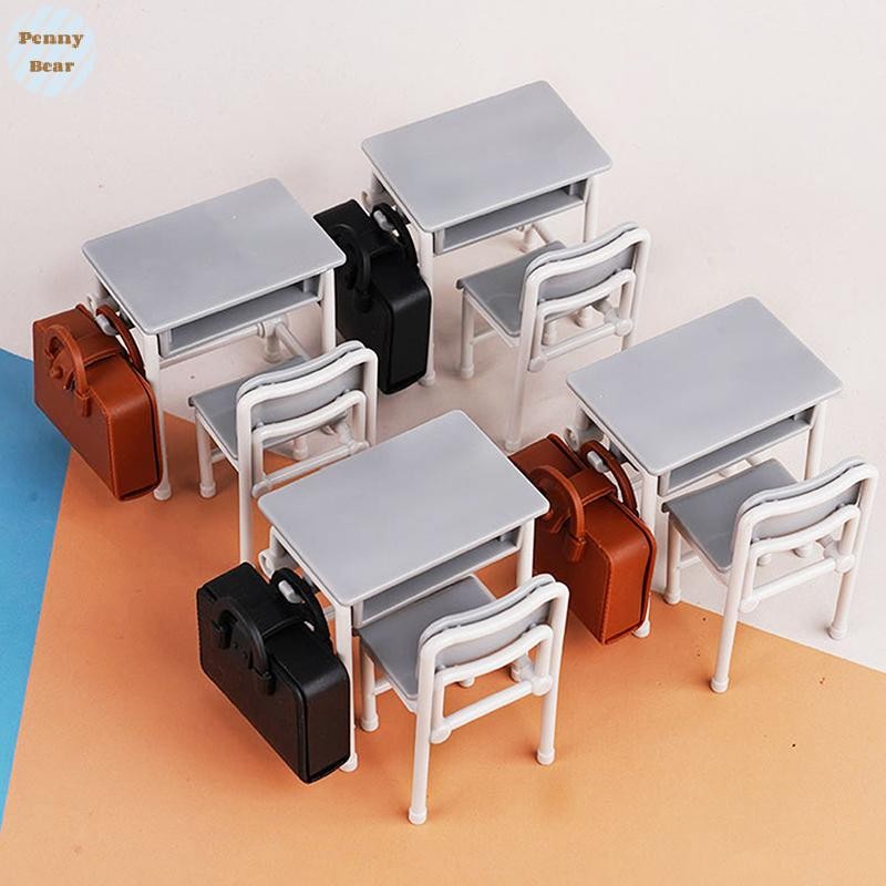 [Penny Bear] 1Set 1:12 Dollhouse Miniature Desks Chairs Schoolbags ...