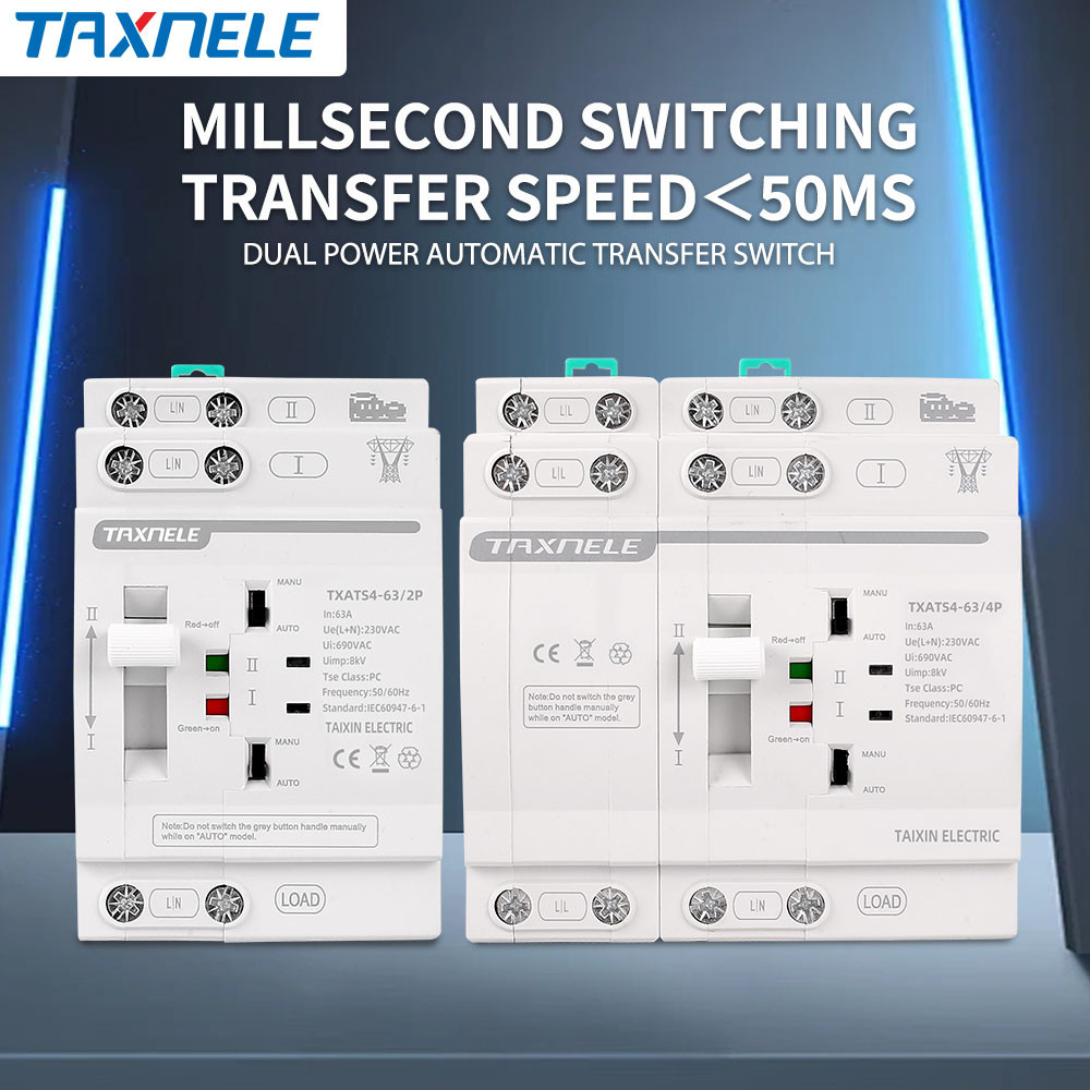Taxnele Din Rail 63A ATS Dual Power Automatic Transfer Switch Electrical Selector Switches 2P 4P ...