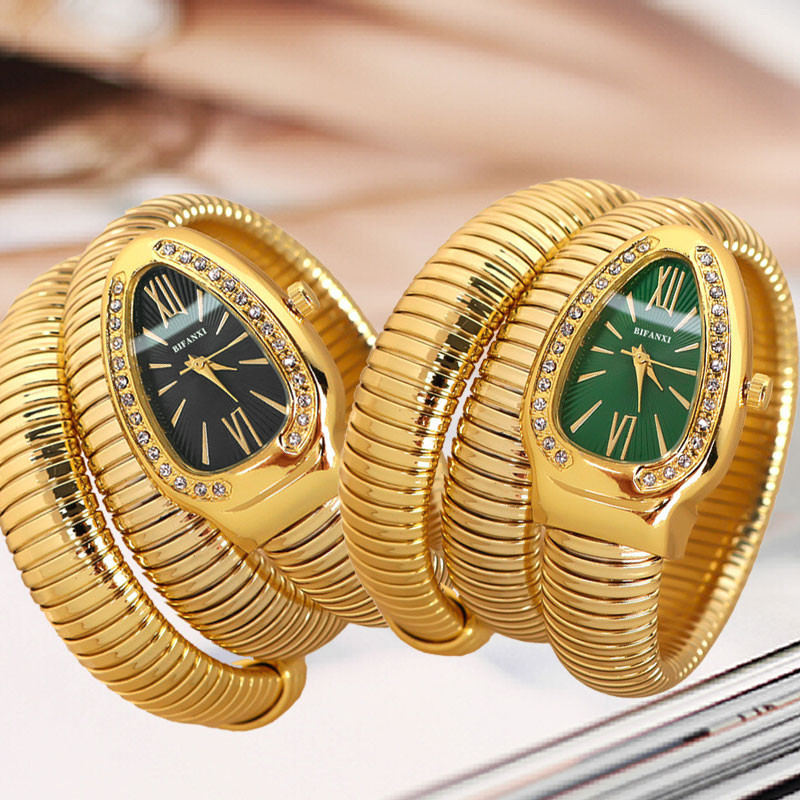 Snake Head Winding Ladies Wrist Watch Spring Gold Snake Head Diamond ...