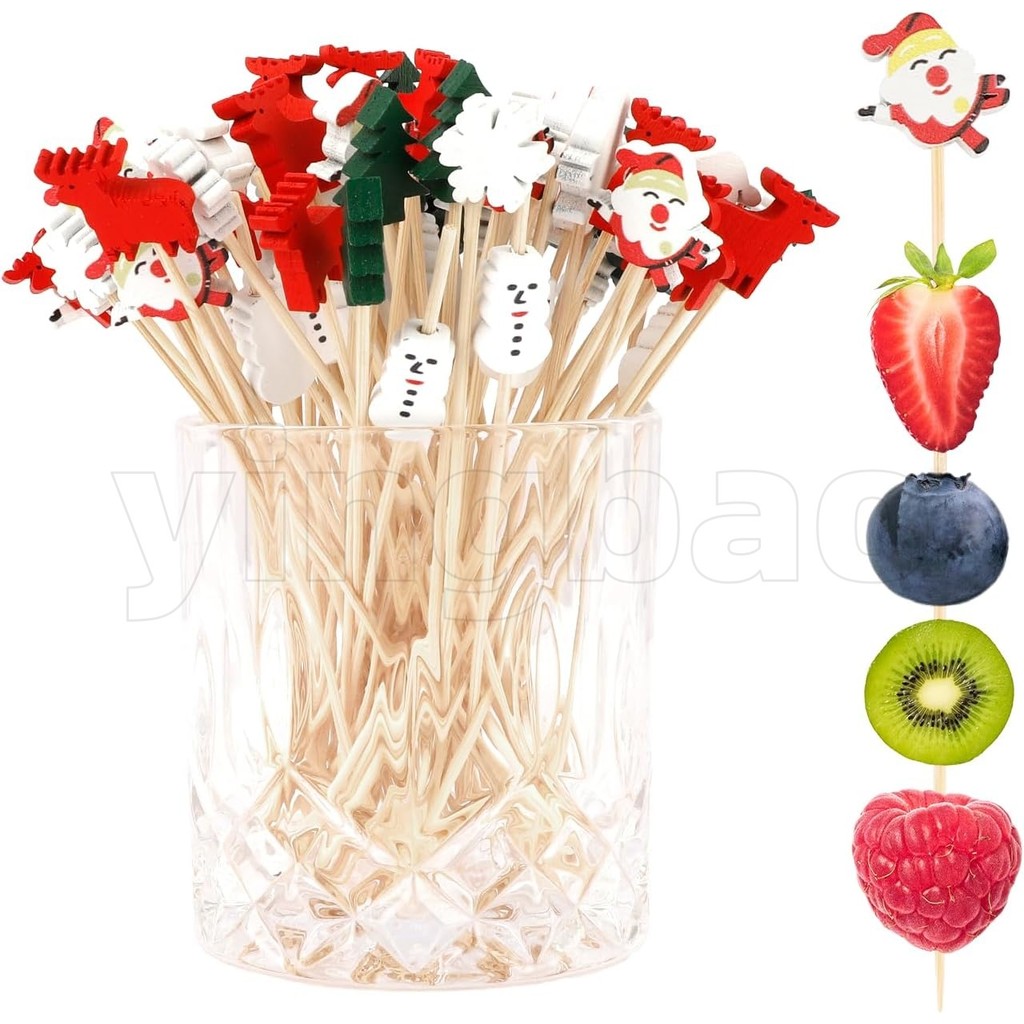 100PCS Christmas Bamboo Sticks Cartoon Santa Claus Snowflakes Buffet ...