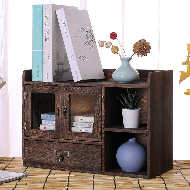 Desktop Storage Box Solid Wood Drawer Style Multi-Layer Bookshelf Bay ...