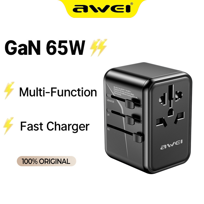 Awei C-40 65W GaN Fast Charger 3-Port USB Travel Adapter With UK/EU/US ...