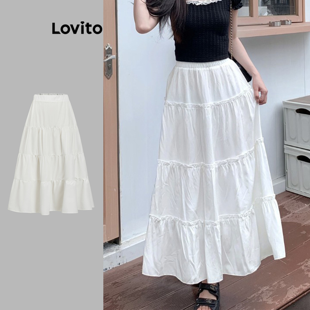 Lovito Women Boho Plain Tiered Layer Ruched Skirts L80ED212 | Shopee ...